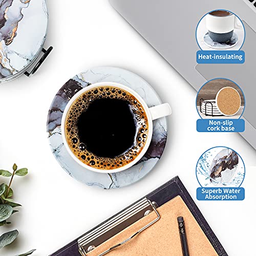 Coasters with Holder, Absorbent Coasters by DSNDVES, Set of 6 Ceramic Coasters, Marble Style Drink Coasters with Cork Base, Bar Coasters, Round Stone Coasters for Table Protection Black