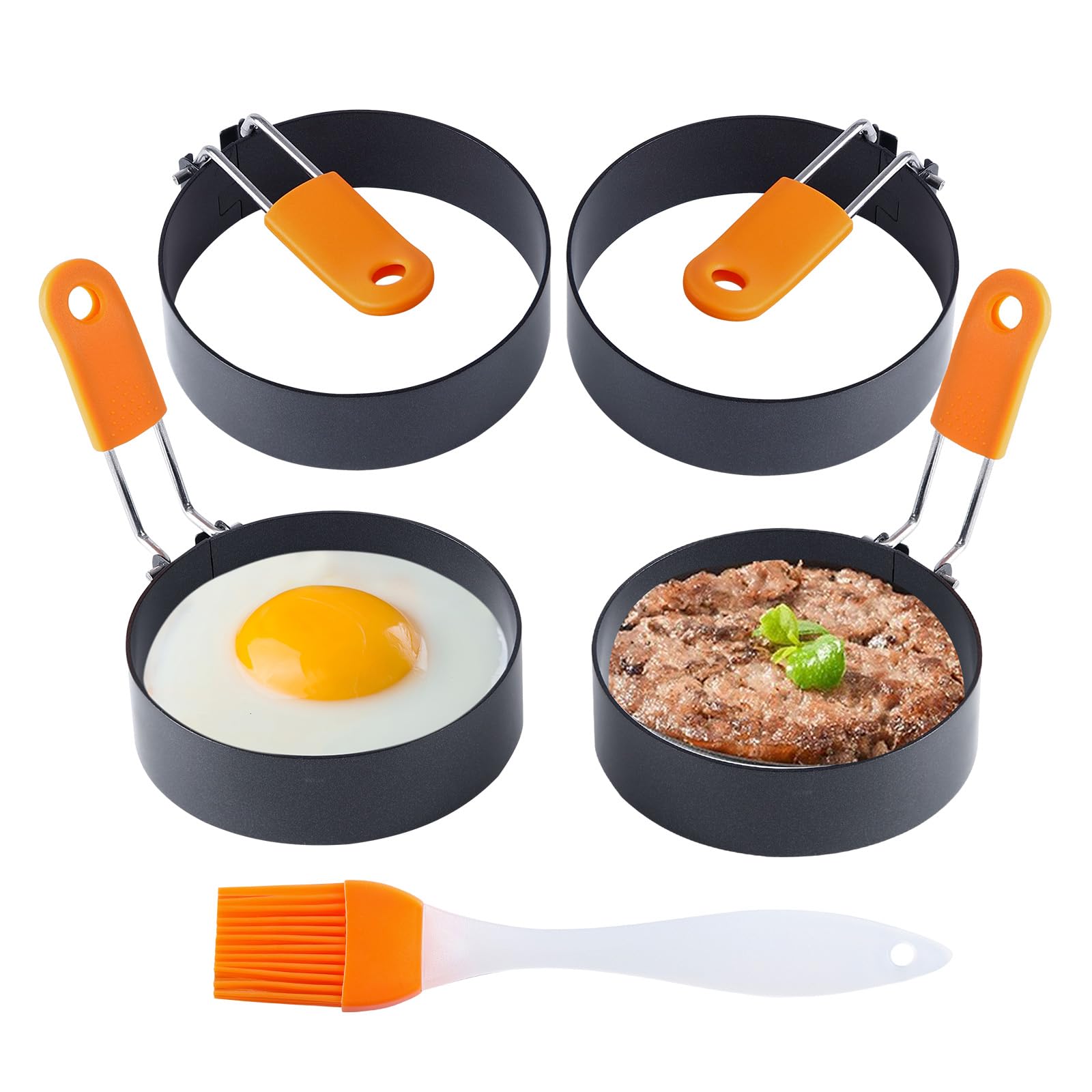 Egg Ring Molds 3.5 Inches 4 Packs - Egg Rings for Frying Egg Molds with Greasing Oil Brush, Egg Mcmuffins Makers Round Fried Egg Makers Omelet Patty Molds