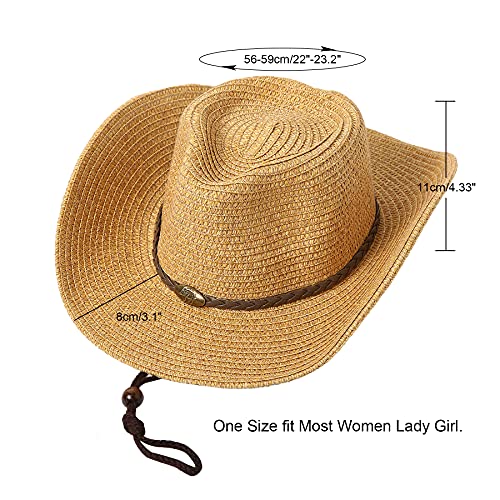 Lanzom Womens Straw Beach Sun Hat Packable Summer Cowboy Straw Hats with Wind Lanyard (Khaki, Medium)