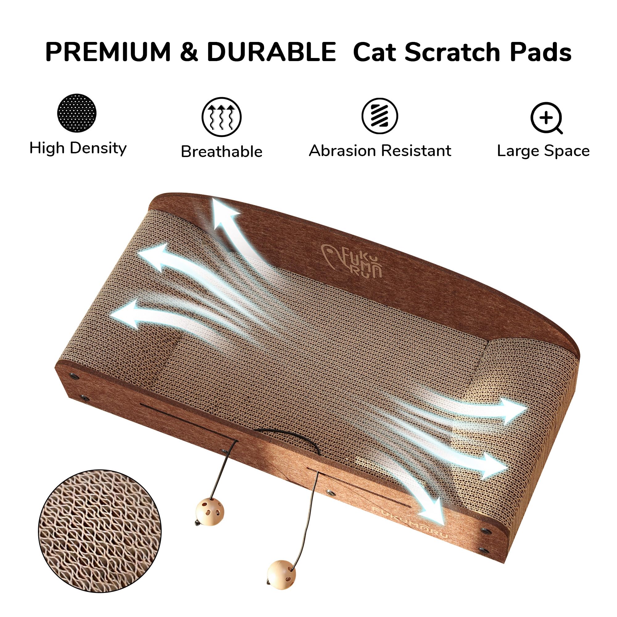 FUKUMARU 26 Inch Cat Scratcher Cardboard Lounge Bed, Durable Cat Scratcher Extra Large Lounger, 2 Reversible Cat Scratching Pads Refill for Indoor Cats, Cat Scratch Bed Cardboard Toy, Caramel Color