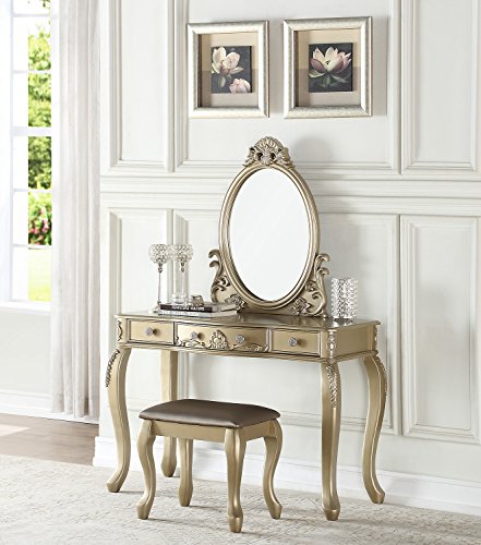 BOBKONA PDEX- Oval Shape Mirror Vanity Table With Stool Set, Champagne