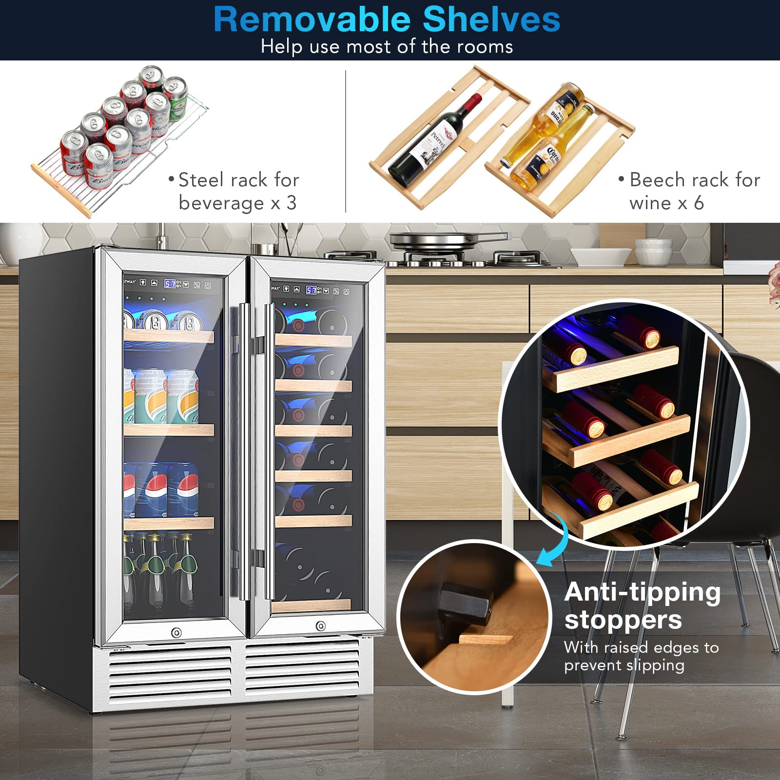 CHEFJOY Beverage and Wine Cooler Refrigerator, Dual Zone 2-in-1 Wine Fridge Cellar w/Independent Temperature Control, LED Lights, 18 Bottles & 57 Cans, Quiet Operation, Freestanding or Built-in