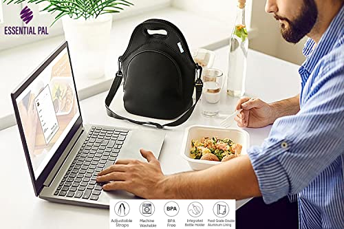 Essential Pal Black Insulated Lunch Bag Tote β Thick, Durable Neoprene Lunch Bags with Double-Layer Insulation & Insulated Bottle Holder β Machine-Washable, Freezable Lunch Bag with Removable Strap