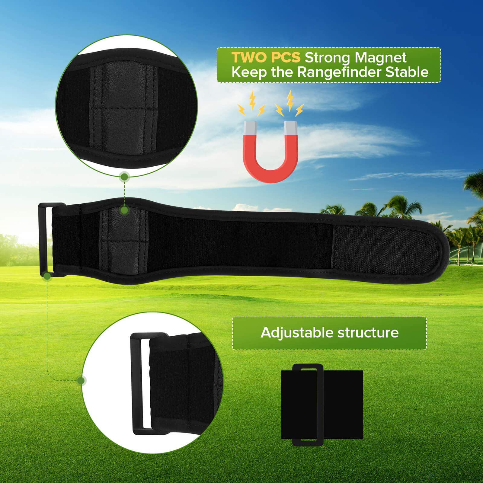BOBLOV Golf Rangefinder Magnet Holder Strap, Universal Magnetic Straps for All Brand Rangefinder, 2pcs Big Strong Magnets &Adjustable Length,Easily Stick for Golf Cart Railing (Magnetic Holder Strap)