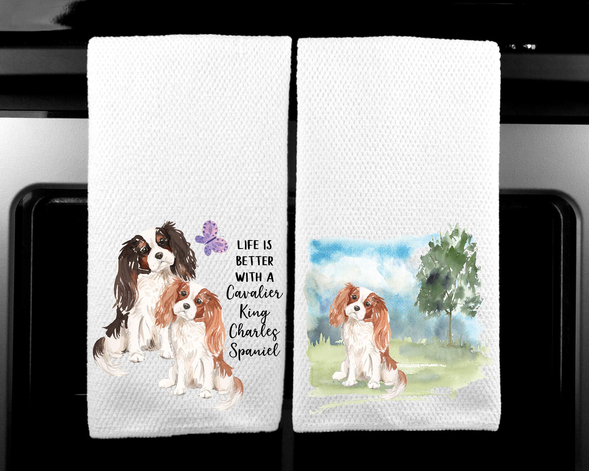 Cavalier King Charles Spaniel Landscape and Watercolor Dog Life is Better Microfiber Kitchen Tea Towel Set of 2