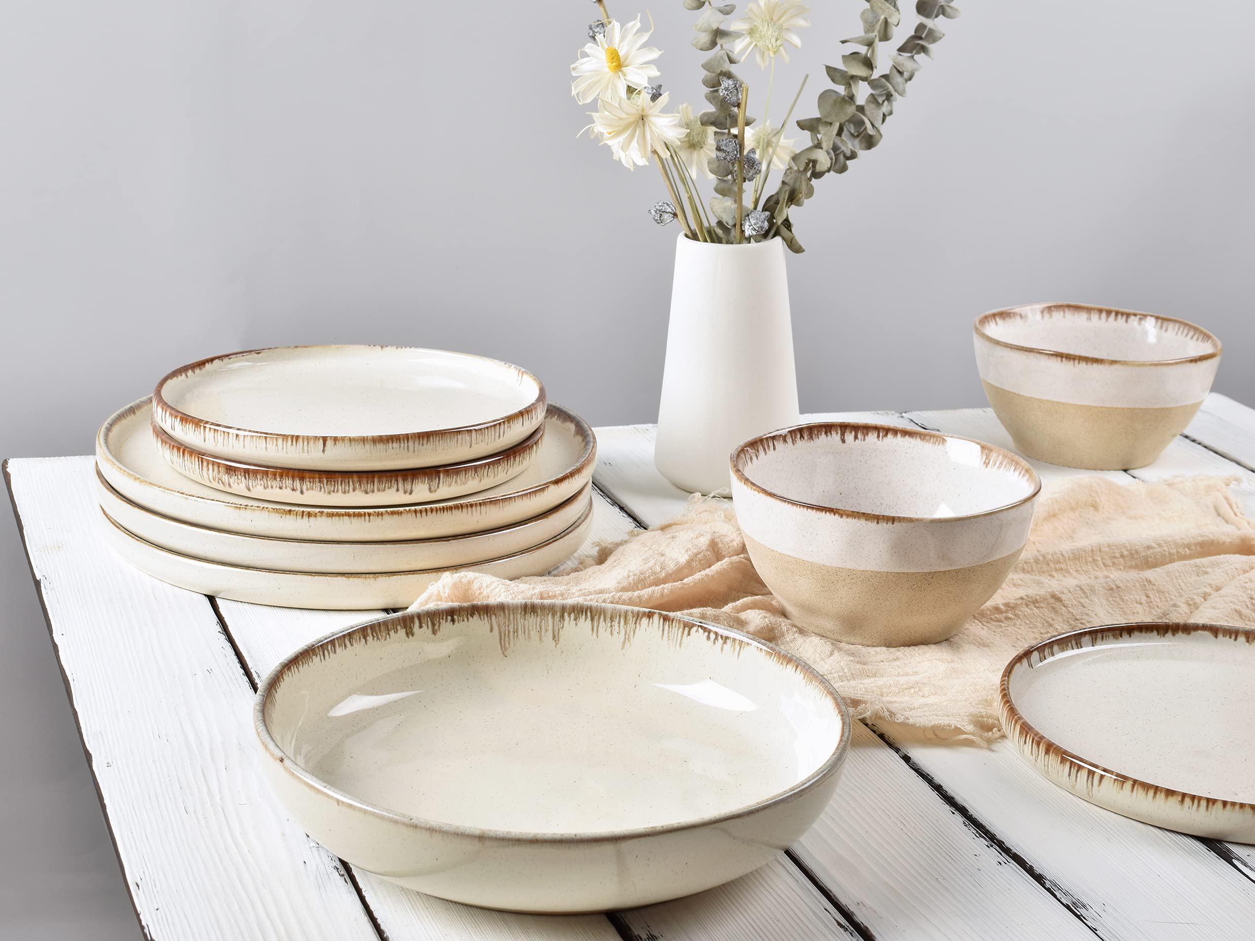 Bosmarlin Ceramic 10.5 Inch Dinner Plates Set of 4, Stoneware Plate for Salad, Pasta, Dessert, Microwave and Dishwasher Safe (Beige, 10.5 in)