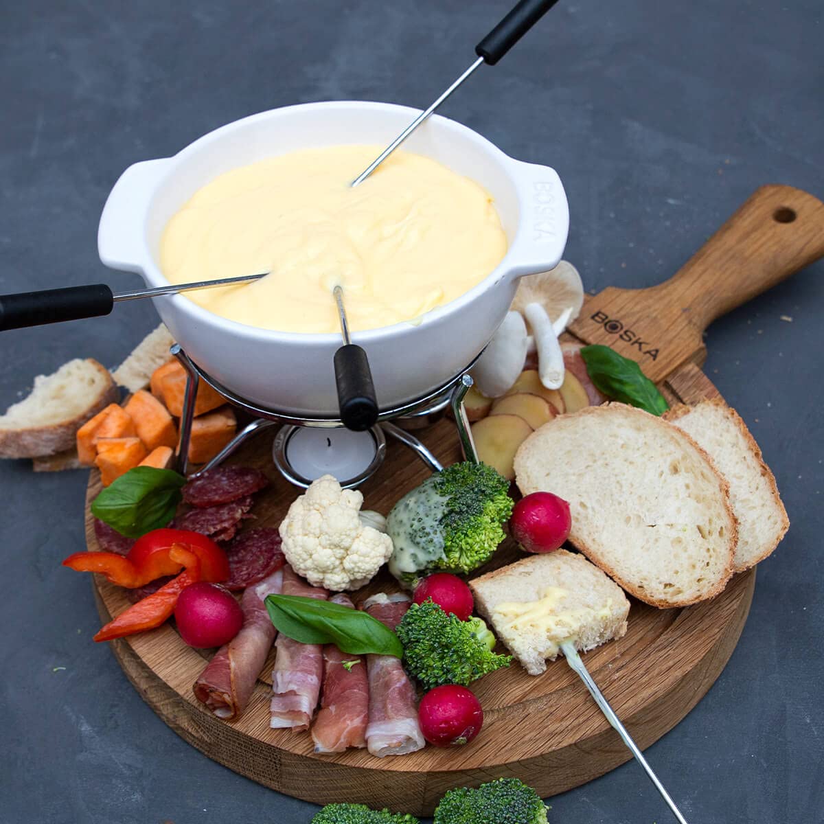 Boska Cheese Fondue Party Set - Fondue Pot Set Microwave Safe Ceramic Hot Pot Chocolate Fountain Snack - Wedding Registry Items Small Kitchen Appliances for up to 4 Persons