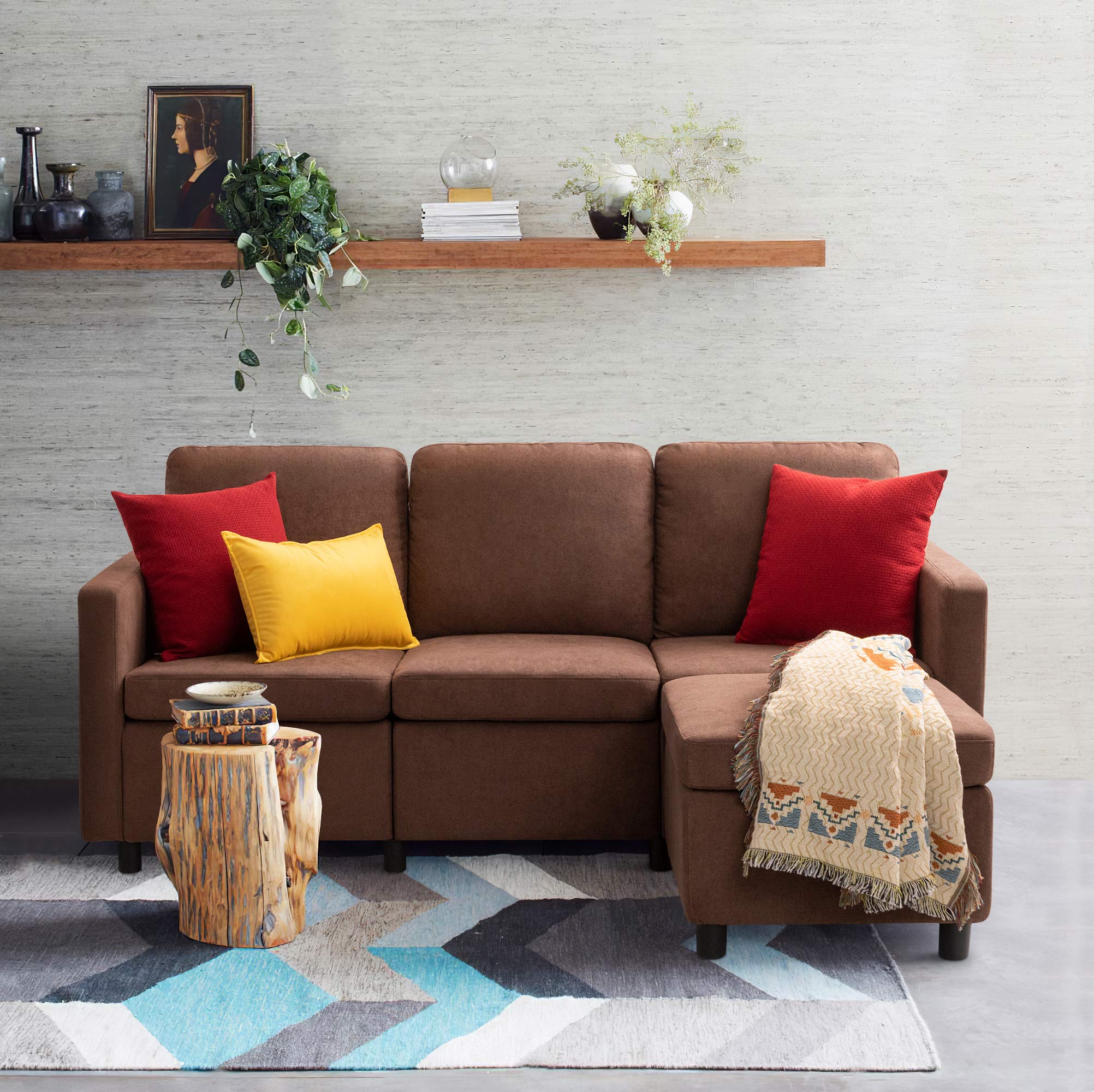 Flamaker Convertible Sectional Sofa L-Shaped Couch 3-seat Modern Fabric Reversible Sofa Couch for Living Room (Brown)