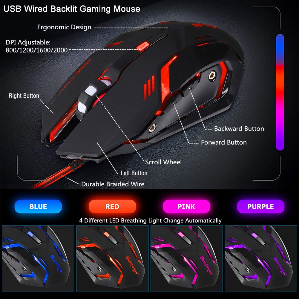 One Hand RGB Gaming Keyboard and Backlit Mouse and Gaming Headset with Microphone,USB Wired Rainbow Single Hand Mechanical Feeling Keyboard with Wrist Rest Support, Gaming Keyboard Set for Game