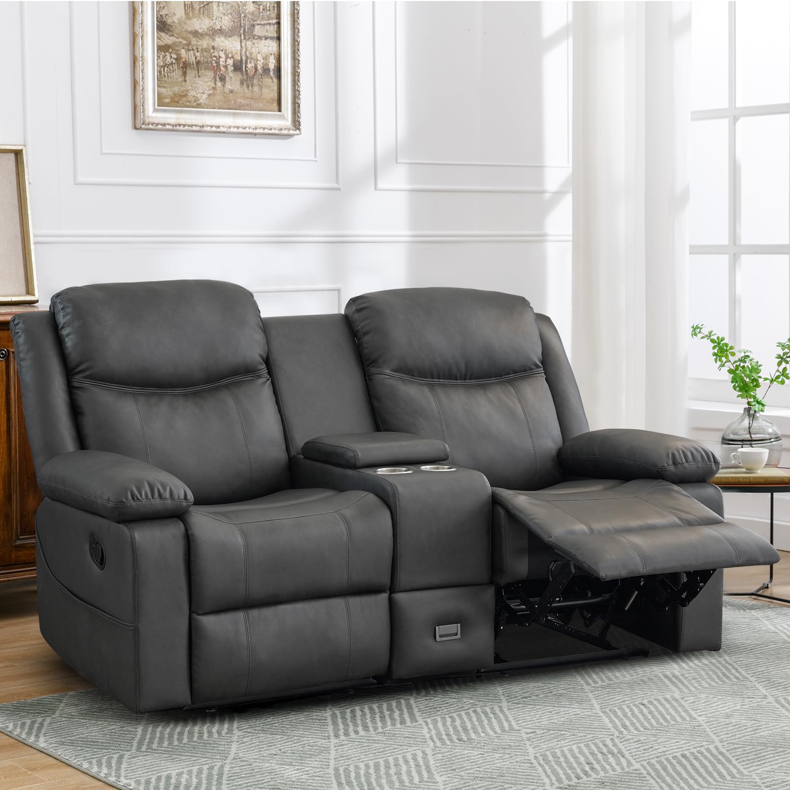 BAIJIAWEI B Loveseat Recliner, Reclining Loveseat with Console, Double Reclining Loveseat, 2 Seater Manual Reclining Couch for Living Room, Office, Home Theater(PU-Grey)