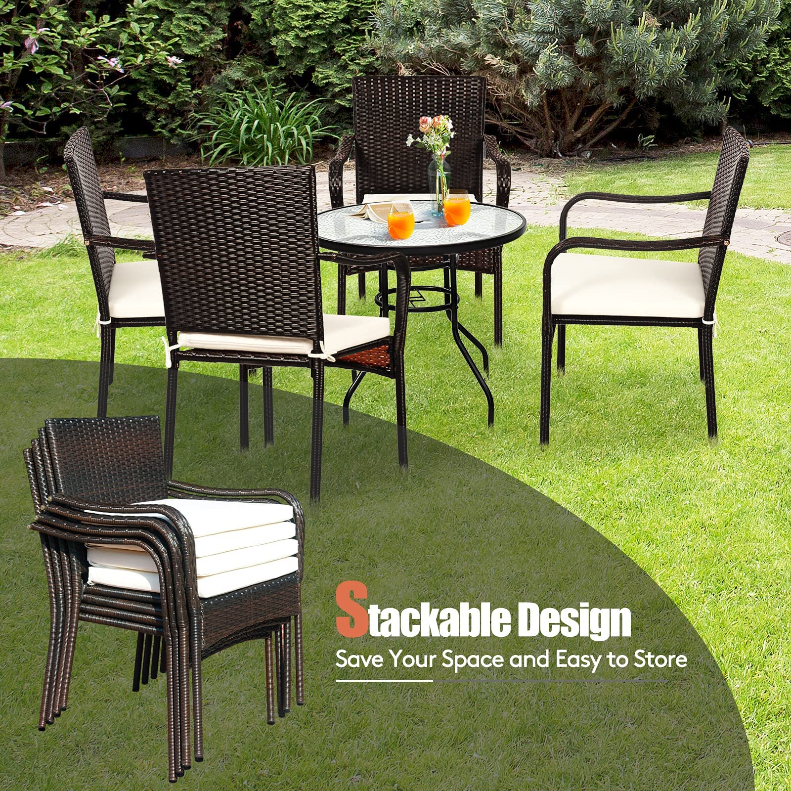 HAPPYGRILL 4 Pack Stackable Rattan Chairs Outdoor Patio Dining Chairs with Removable Cushions and Rustproof Steel Frame All-Weather PE Wicker Stacking Bistro Chairs for Balcony Garden Backyard