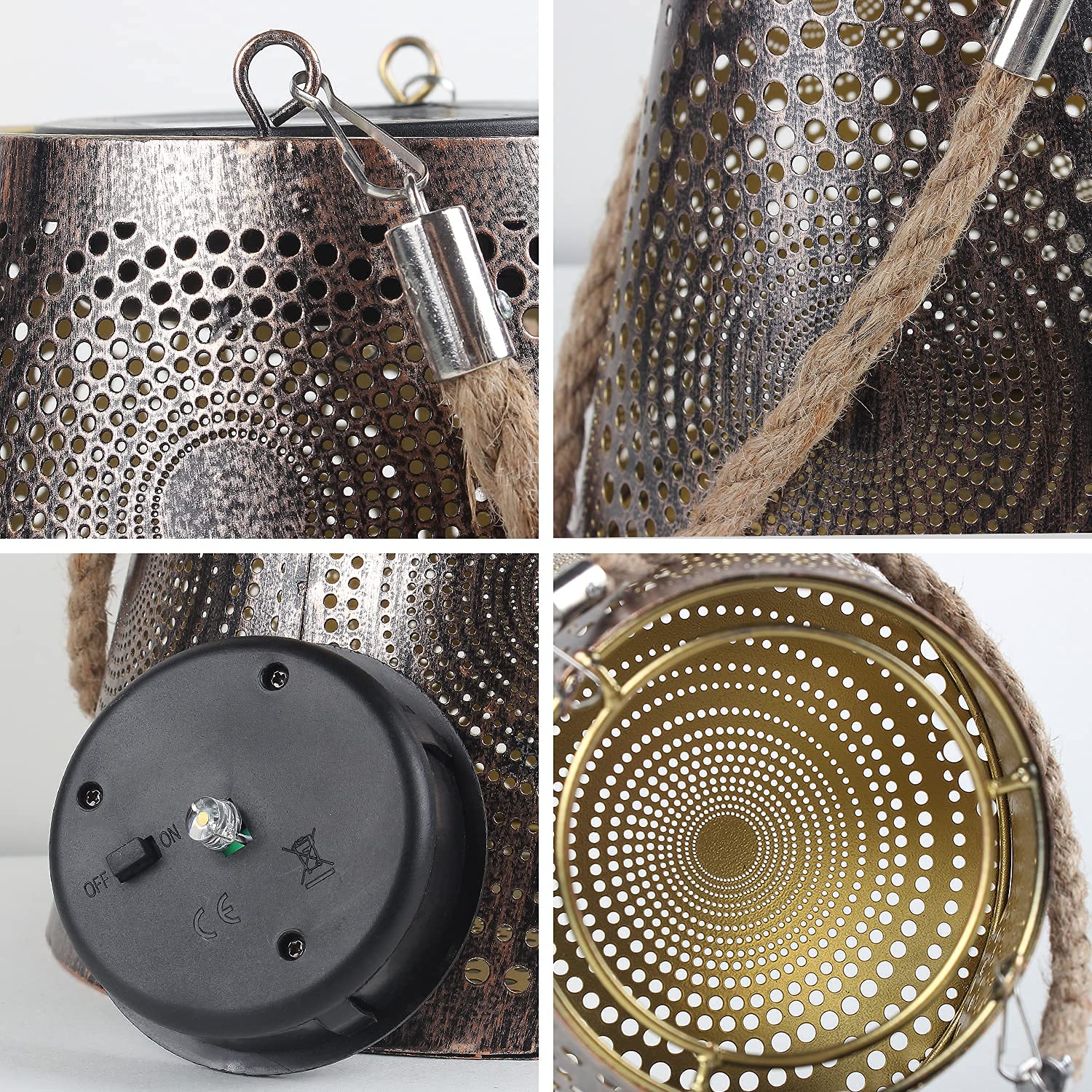 Large Outdoor Hanging Solar Lantern, Waterproof Garden Patio LED Solar Light, Dot Hollowed-Out Design Retro Landscape Metal Decorative Lanterns for Tree, Table, Floor, Yard Decor (1 Pack, Bronze)
