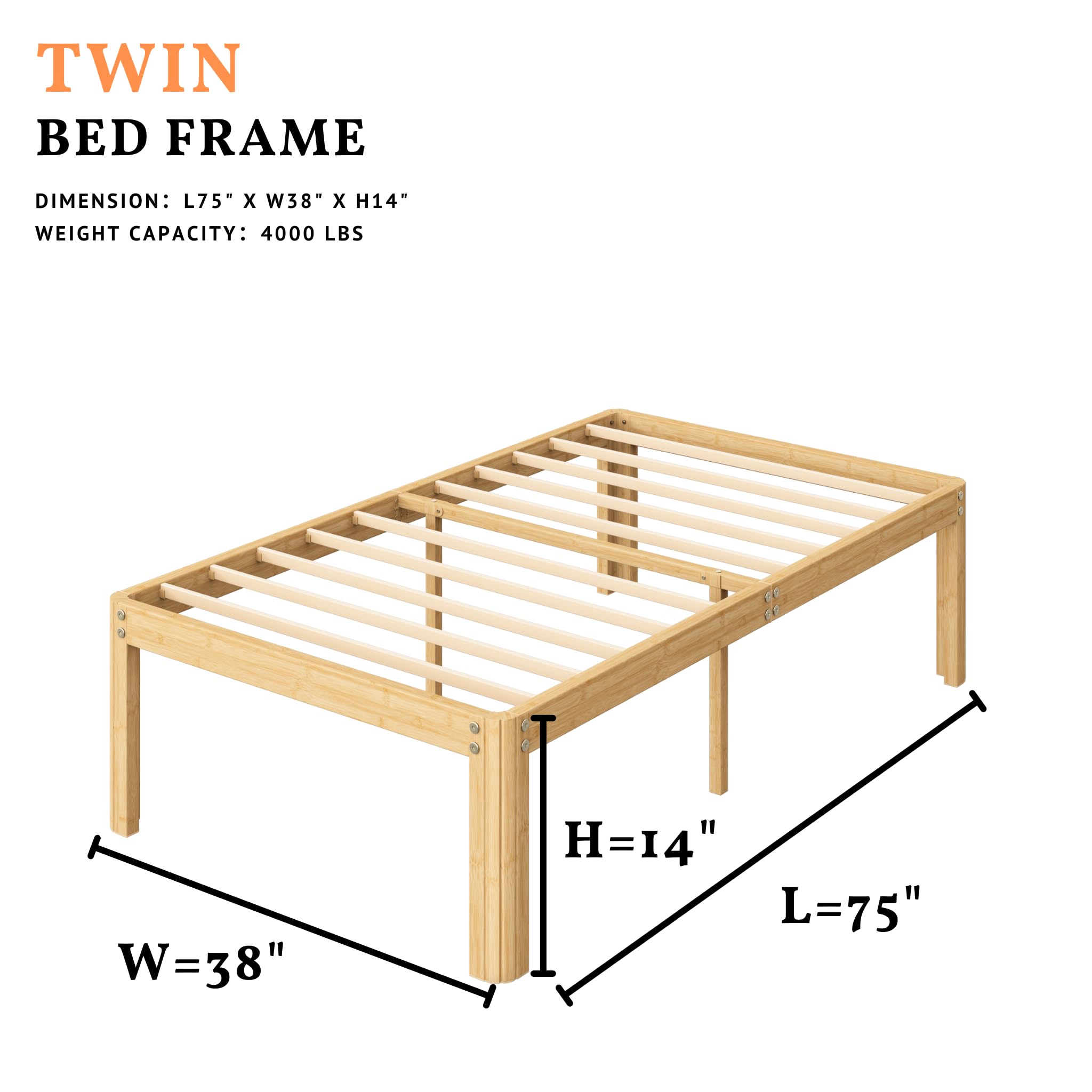 BOSRII Serenity Series Bamboo Grain Full Size Bed Frame, Thickened and Reinforced Heavy Duty Steel Structure with 4000 LBS Support,14 Inches High No Box Spring Needed, Easy Assembly