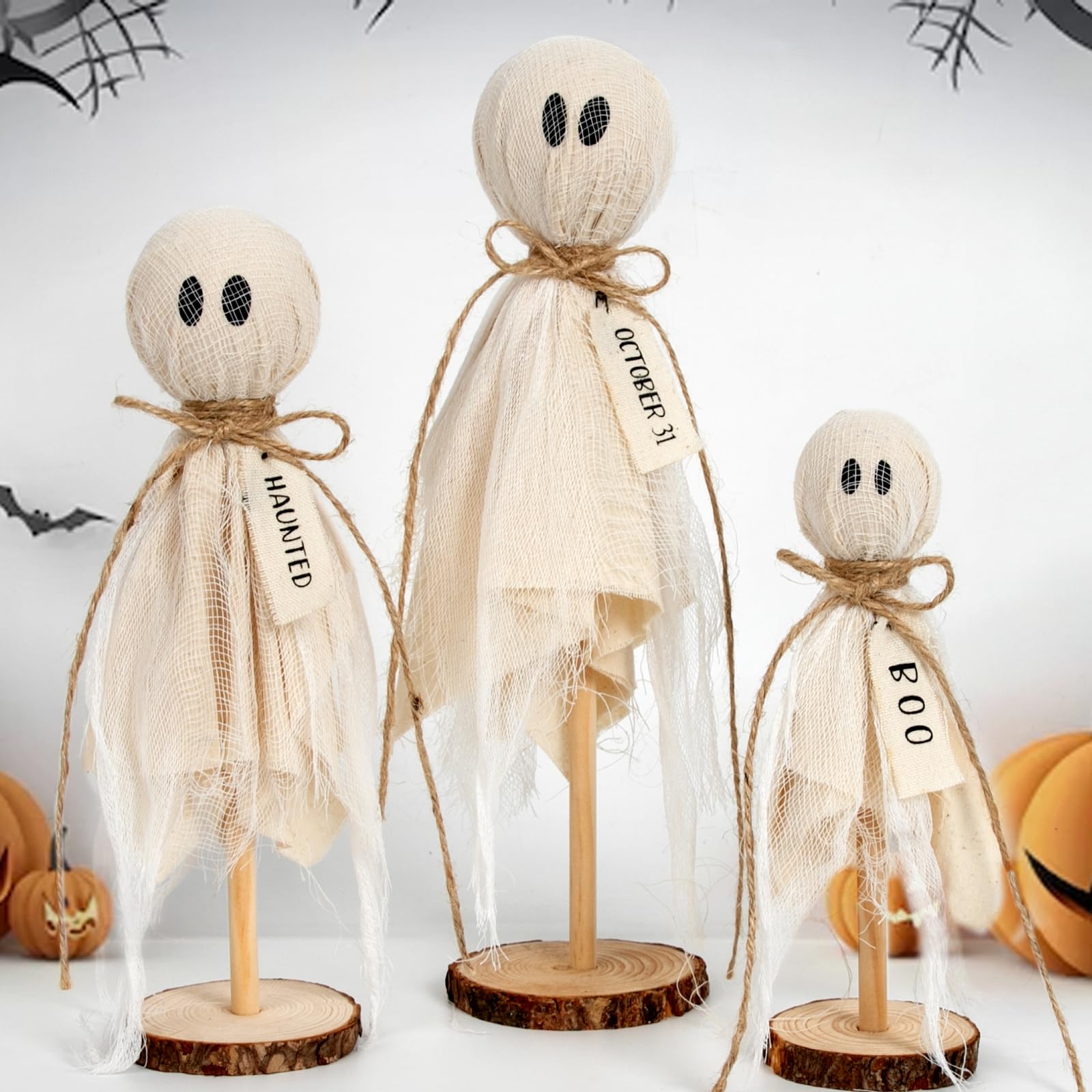 DAZONGE Halloween Decorations Indoor - Set of 3 Primitive Halloween Ghosts on Wooden Stand for Table Centerpieces, Shelves, and Mantels - Spooky Halloween Decor
