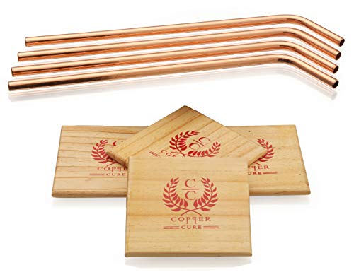 Gift Set Pure Copper Hammered Mugs with Copper Straws & Wooden Coasters Set of 4 - PREMIUM QUALITY -16 Oz Copper Mug - 100% Handcrafted - A Gift Pack for your loved Ones.