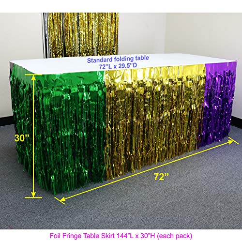 GIFTEXPRESS 2 Pack Mardi Gras Metallic Fringe Table Skirts, Mardi Gras Party Table Skirt (Gold Green Purple, 2-pack)