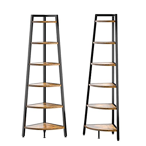 Lulive 6 Tier Corner Shelf, 68.9" Industrial Tall Corner Ladder Shelf Stand, Corner Bookshelf Bookcase for Living Room, Home Office, Balcony, Small Space