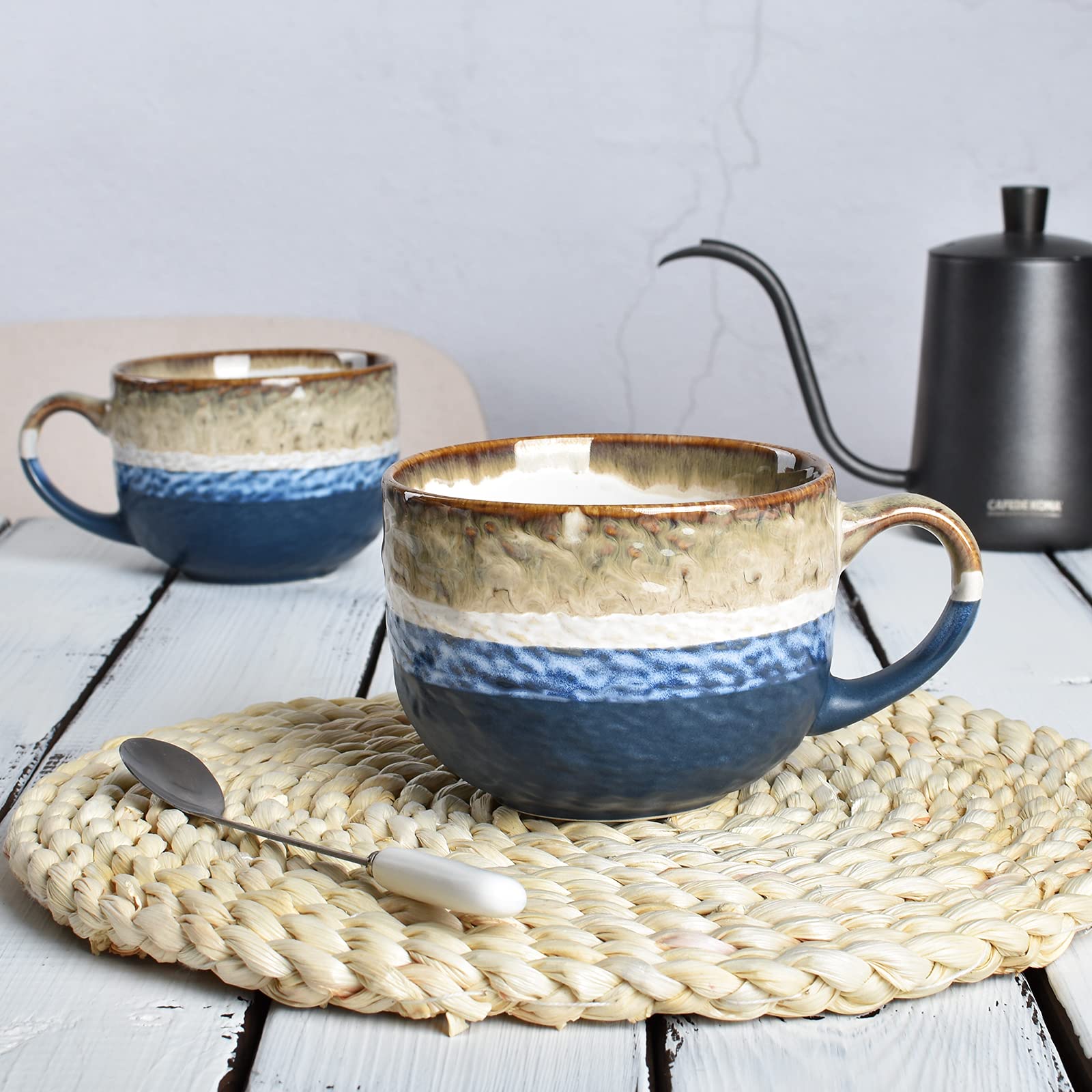 Bosmarlin Jumbo Latte Mugs Set of 2, 16 Oz, Large Stoneware Mug for Coffee, Soup, Cappuccino, Hot Chocolate, Dishwasher and Microwave Safe (Deep Blue, 2)