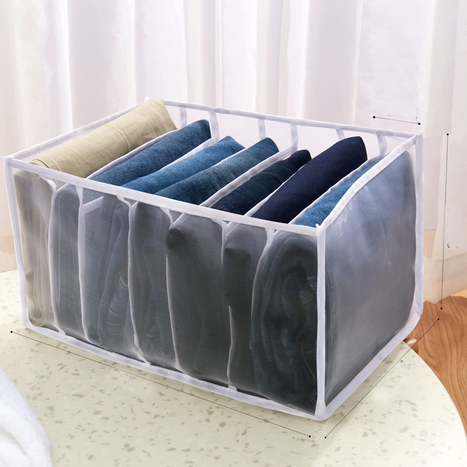 Wardrobe Clothes Organizer for Closet and Mesh Storage for Jeans Folded Clothes, Drawer Organizer Clothes (Jeans with 7 Grids Large White)