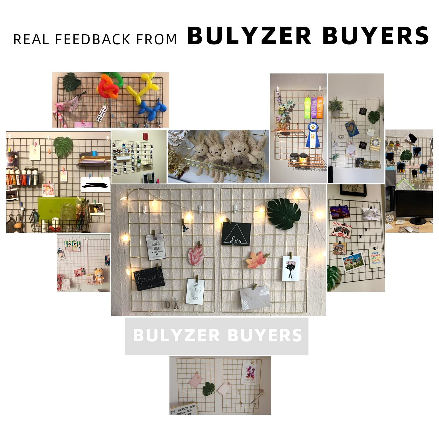 BULYZER Grid Wire Board,for Memo Picture Panel Wall Decoration for Room Office Mat Photo Hanging Art Display Frames Desk Storage Organizer,17.3" x 11.8"(2Pack) (Gold)