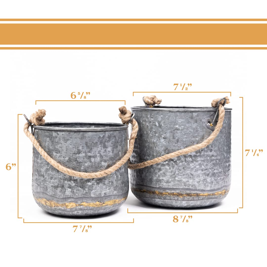 Avera Products Lasso Bucket Set of 2 | Galvanized Metal Bucket Planters for Indoor Plants, Rustic Metal with Gold Weld Trim, includes Drainage Holes