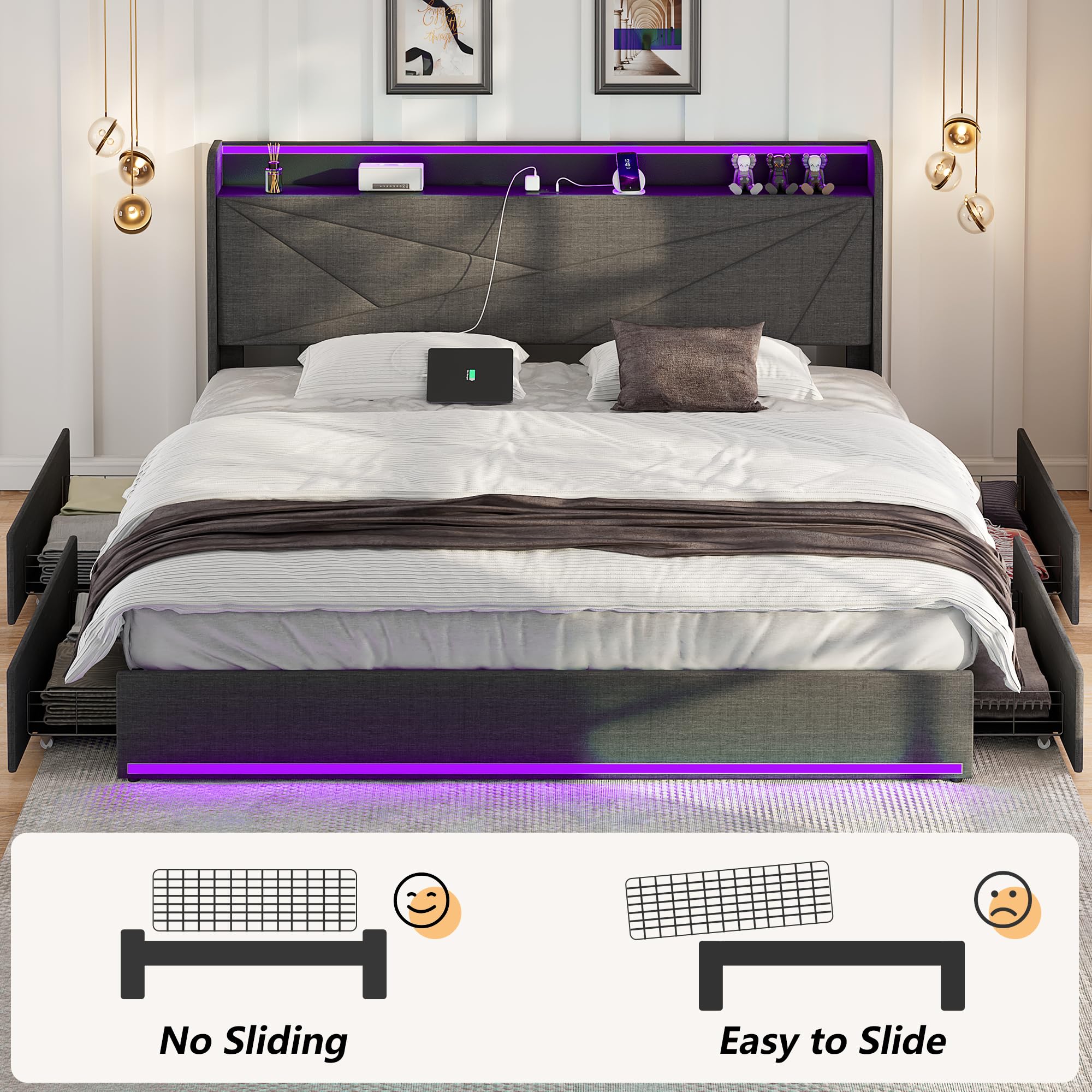 Full Size Bed Frame with Storage Headboard,Upholstered Platform Bed Frame with LED Lights and Charging Station,Heavy Duty Wood Slats Bed Frame No Box Spring Needed, Noise Free, Easy Assembly (Full)