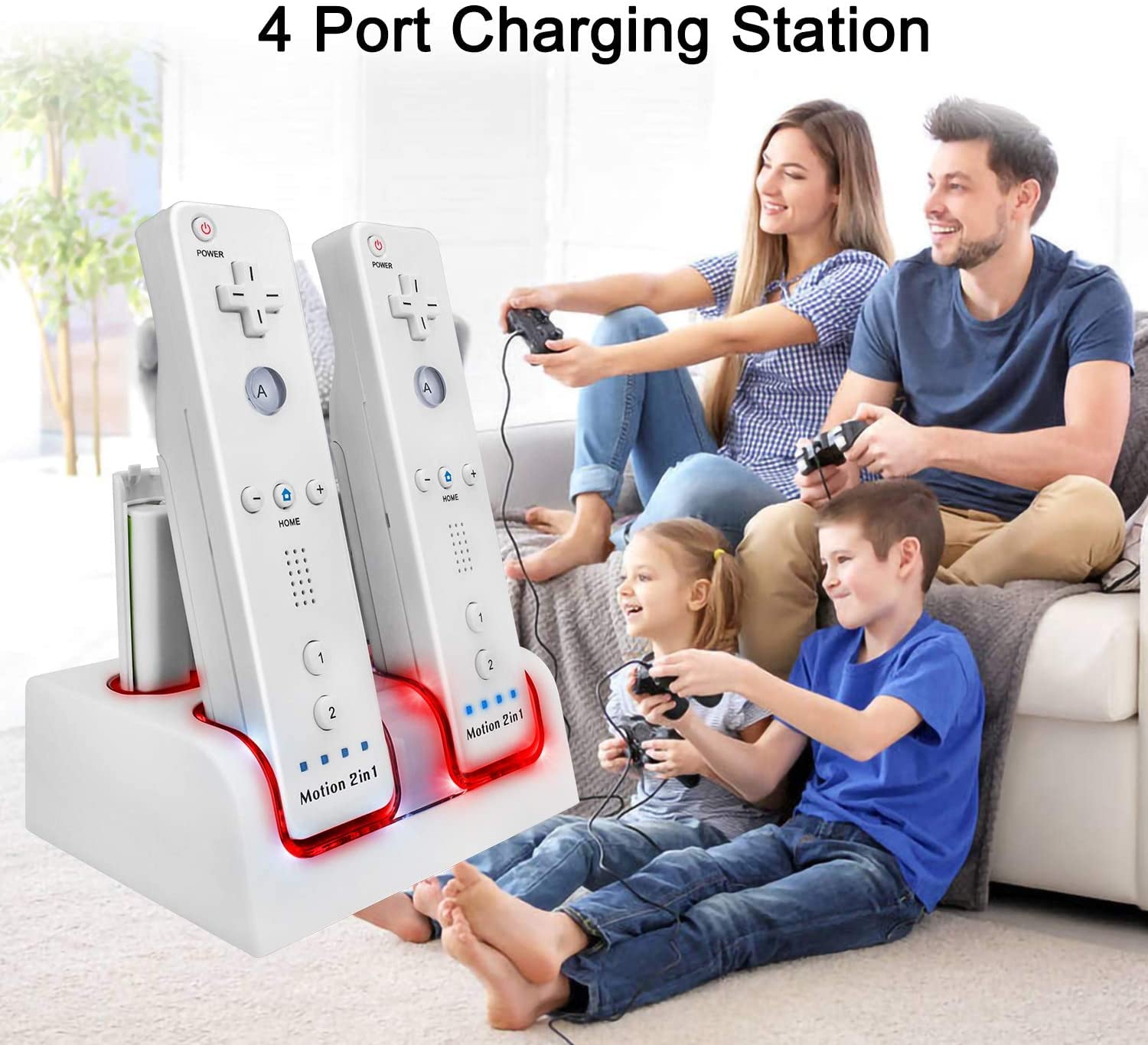 Upgraded Wii Remote Charger Station, Covanm 4 Port Wii Charging Station with 4 Rechargeable Battery for Wii (4 Port Charging Station+4 Replacement Batteries+USB Cable+Free USB Wall Charger)