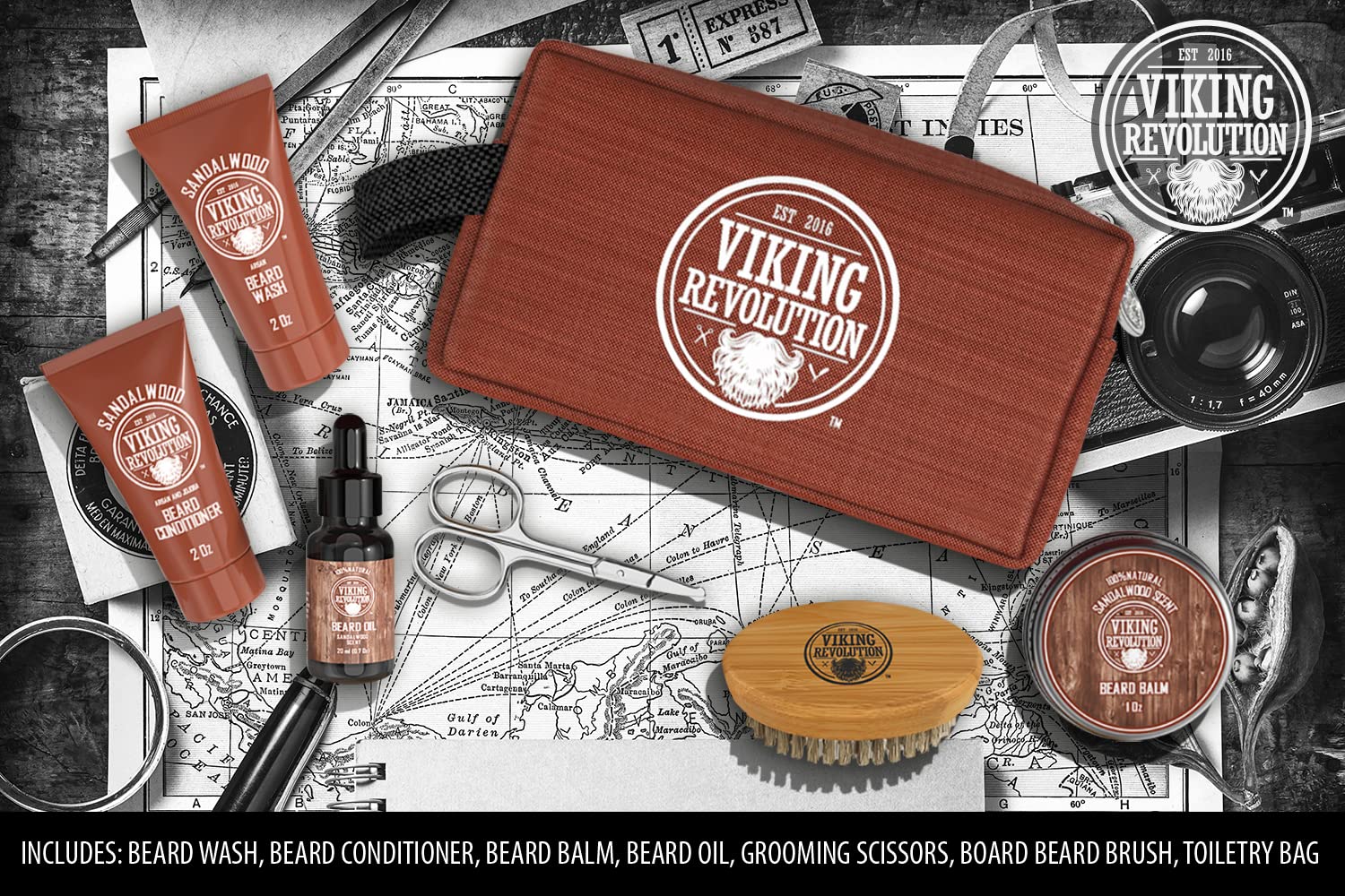 Beard Care Kit for Men Gift- Beard Grooming Kit Contains Travel Size Beard Oil, Beard Balm, Beard Shampoo & Conditioner, Beard Brush and Grooming Scissors - Includes Travel Case (Sandalwood)