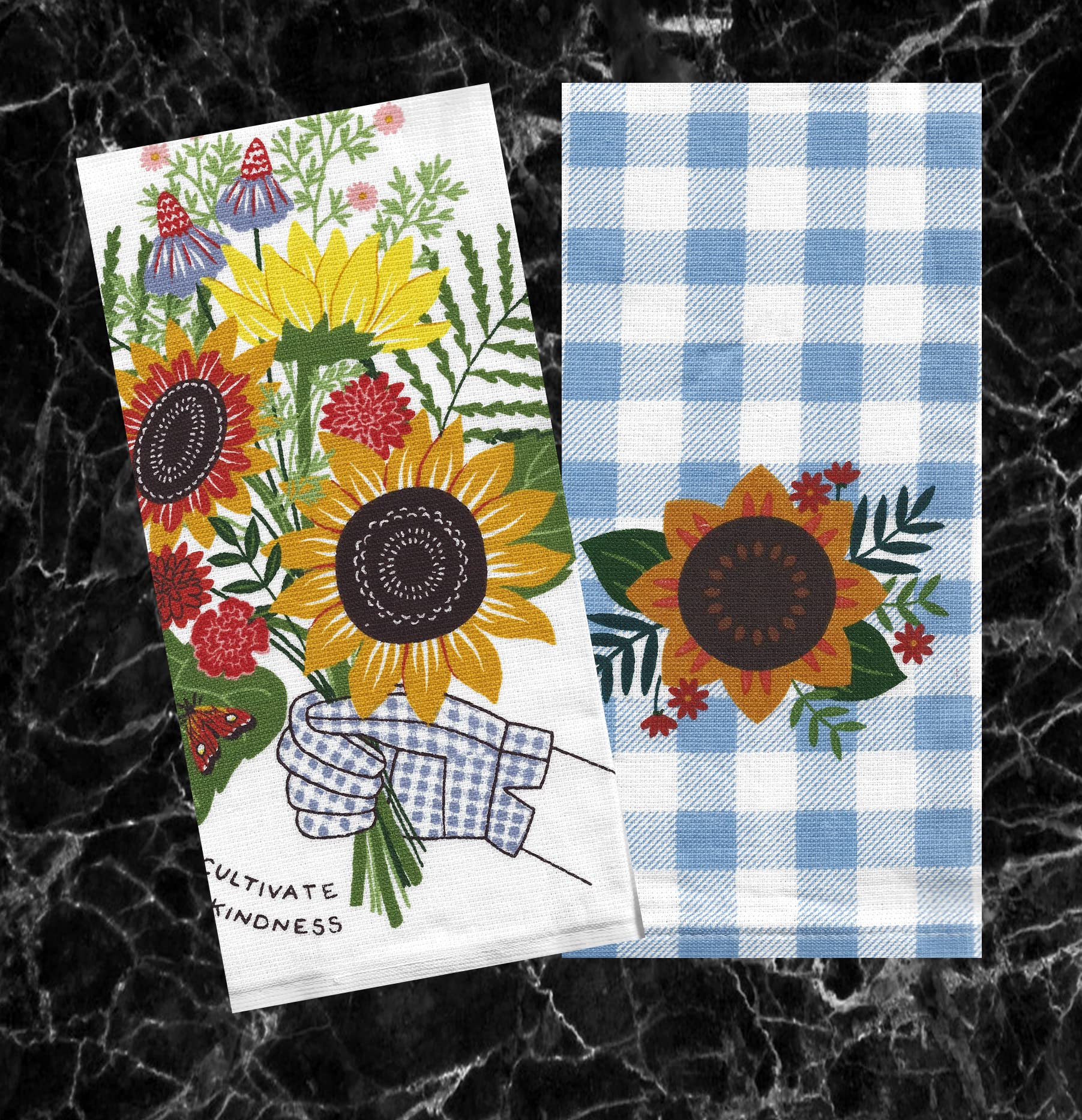 Celebrate Kitchen Towel Set of 2, Sunflowers Blue and White Buffalo Plaid Dishtowels