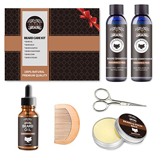 Beard Care Kit, Organic Beard Grooming & Growth Set with Beard Oil, Beard Balm, Beard Wash, Beard Conditioner, Beard Comb, Beard Scissors