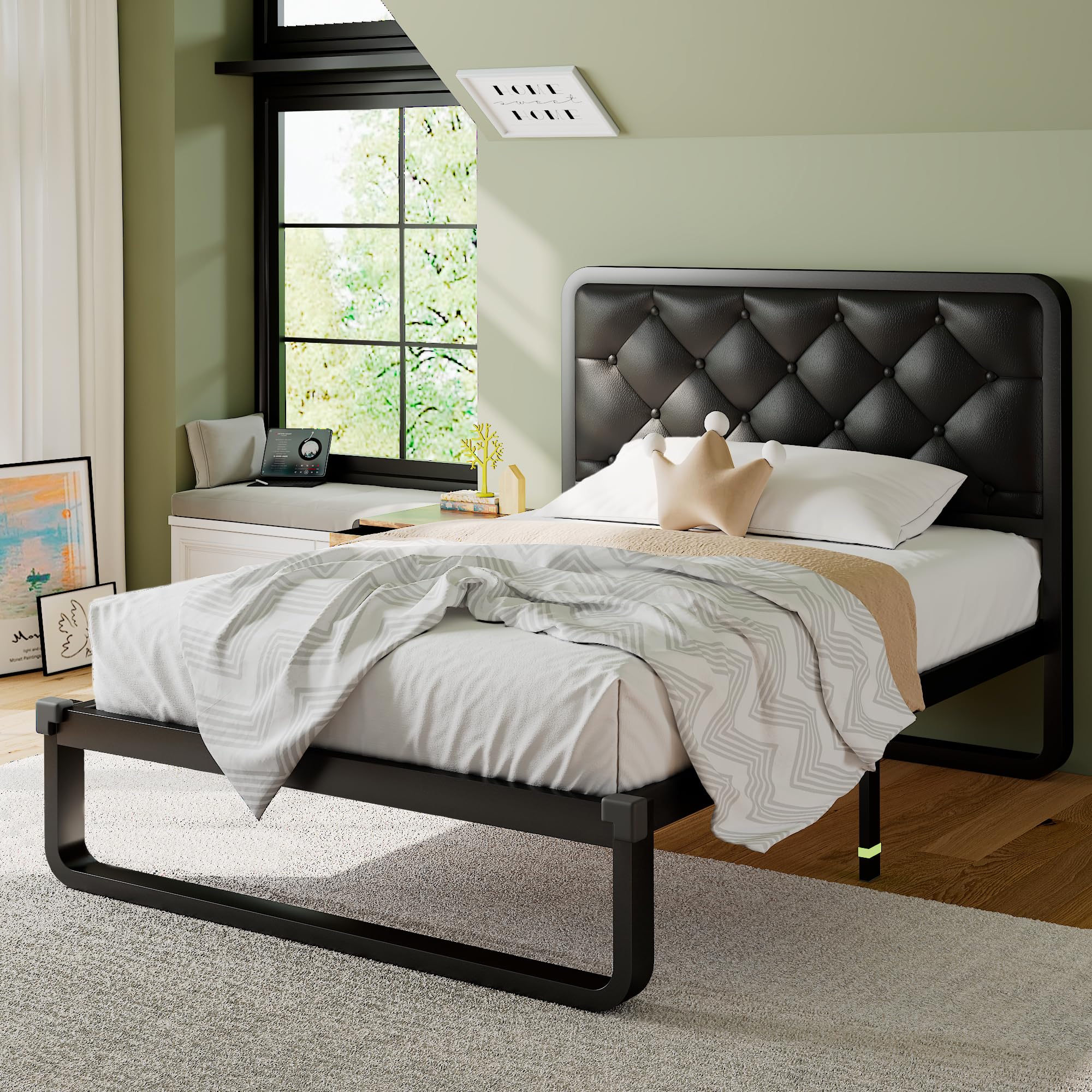 Einhomn Metal Twin Bed Frame with Button Tufted Upholstered Headboard, Curved Platform Bed Frame with 12 Inch Under Bed Space, Strong Heavy Duty Slats, No Box Spring Needed, Noise-Free, Black
