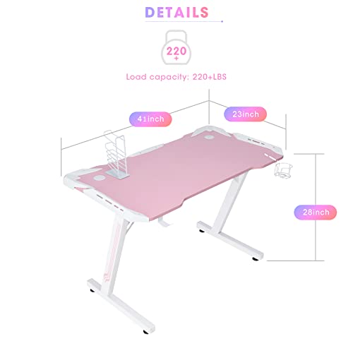 Oryxearth Pink Gaming Desk with LED Lights, 41" Z Shaped RGB Home Gaming Computer Desk Table, Ergonomic PC Workstation with Remote Control, Cup Holder, Handle Rack, Headphone Hook for Office Use