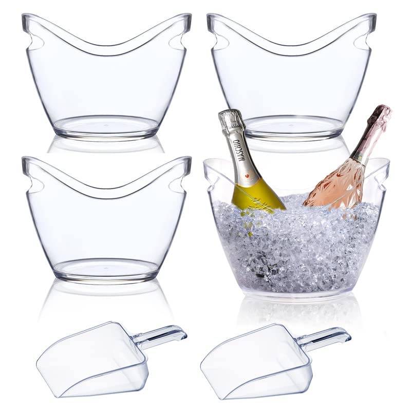 Beverage Tubs for Parties Plastic Ice Bucket for Cocktail Bar Clear Acrylic Wine Bucket with Scoops Drink Bucket Cooler for Chiller Bin for Champagne or Beer (4 L)