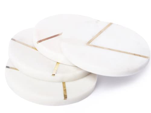 Hand Carved Natural White Marble Coasters - Set of 4 Half Mango Wood or Half Brass - Round Marble Coasters Set for Drinks. Brass/Wood & Marble Home Decor - Marble Coaster Set (Marble & Brass)