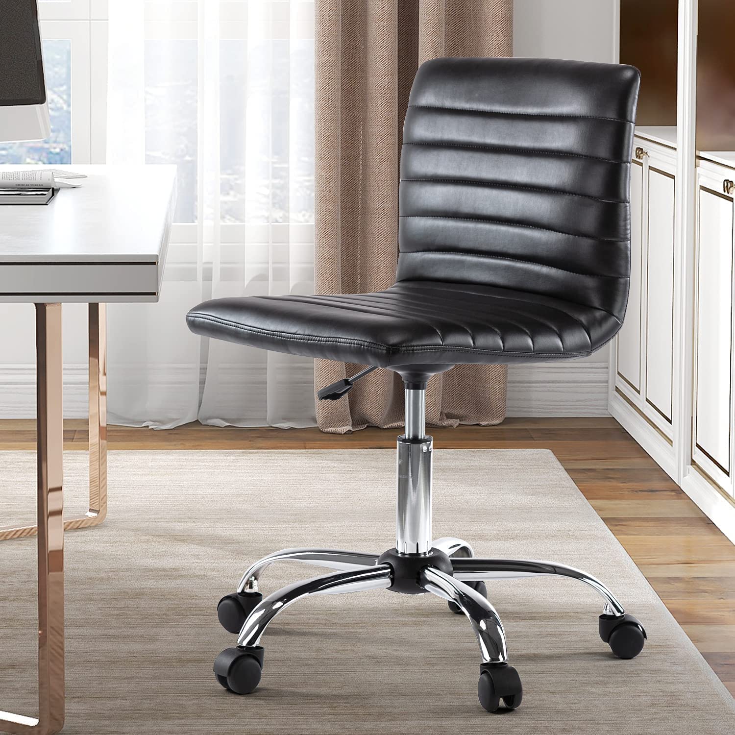 MCQ Armless Ribbed Home Desk Wheels, Faux Leather Office Adjustable Task, Mid Back Swivel Computer Chair, Jet Black