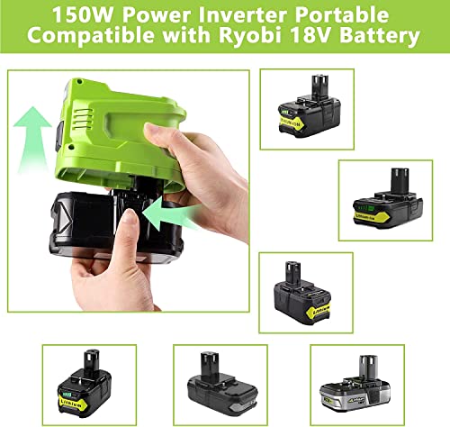 Portable Power Supply Inverter for Ryobi 18V Lithium Battery, TEPULAS DC 18V to AC 120V Power Inverter Generator 150W, Power Source USB Phone Charger Adapter for Ryobi with AC Outlet & LED Light