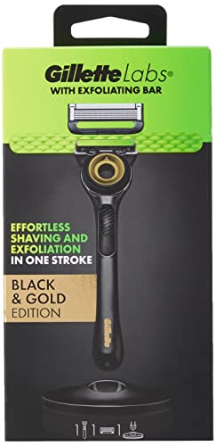 Gillette Labs Men's Razor + 1 Razor Blade Refill, with Exfoliating Bar, Includes Premium Magnetic Stand, Black & Gold Edition