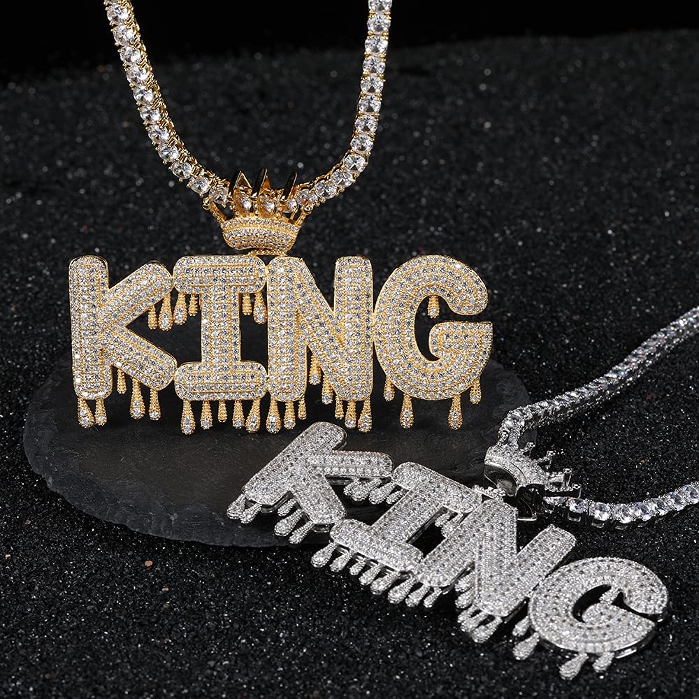 Waterdorp 18K Gold Plated Letter Chain DIY Full CZ Bubble Letter Necklace for Men Women Personalized Customized Name 2-7 Pcs Bling Initial Pendant with Crown, with Rope Chain or Tennis Chain Memorable Novelty Gifts