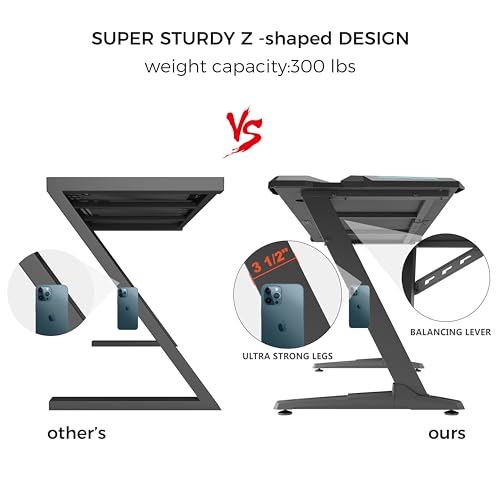 EUREKA ERGONOMIC Z60 Gaming Desk with Led Lights, 60 Inch Large RGB Gaming Computer Desk for Home Office Work Study Writing with Mouse Pad, Easy to Assemble, 24" Wide, Carbon Fiber Black