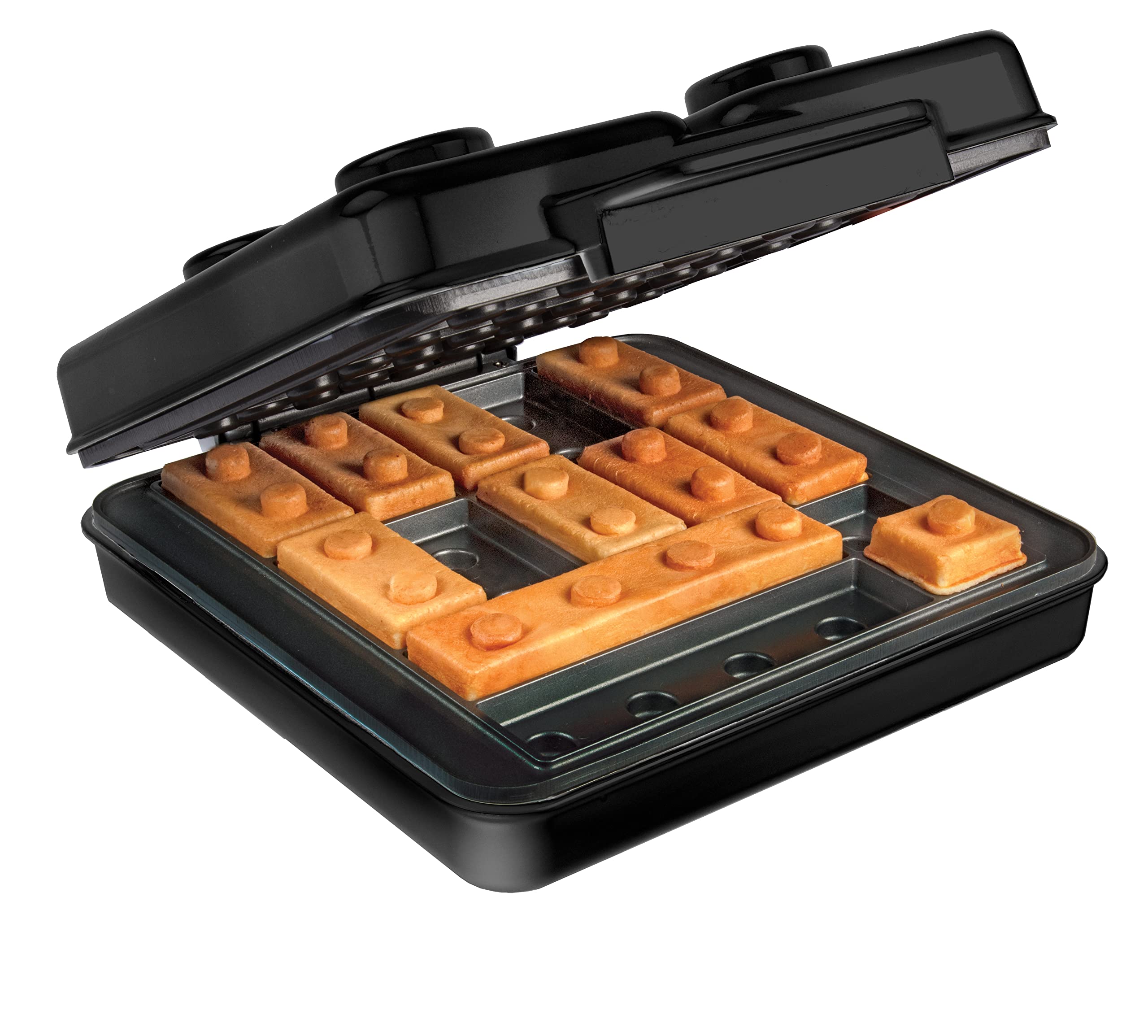 Building Brick Electric Waffle Maker - BLACK with 2 Construction Eating Plates - Cook Fun, Buildable Waffles in Minutes - Revolutionize Breakfast - Stack & Build on Serving Dishes, Great Gift