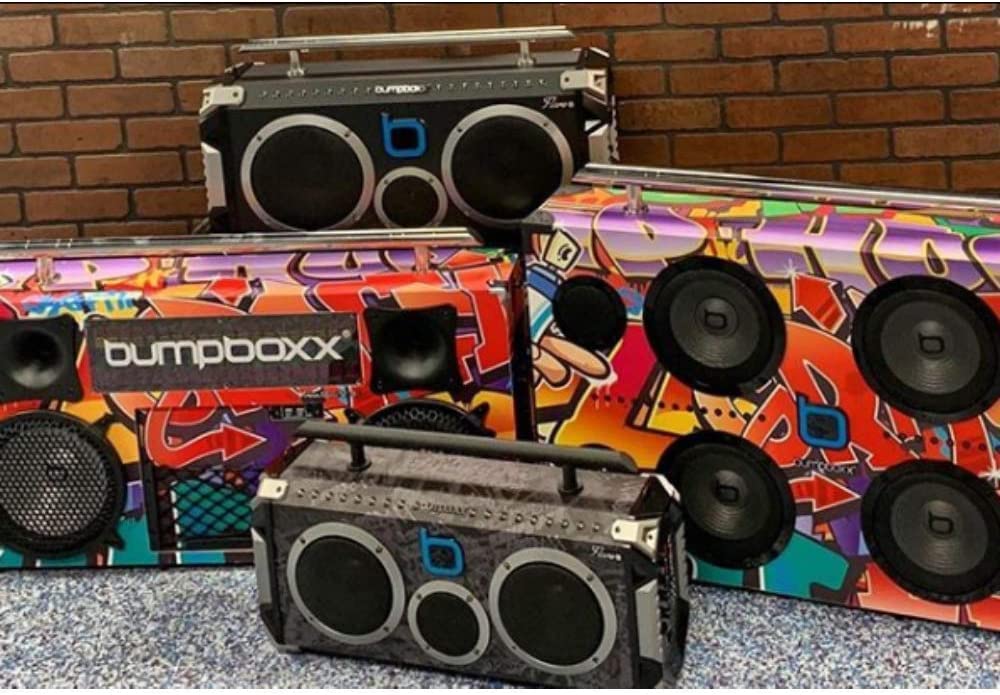 Bumpboxx Bluetooth Portable Speaker Boombox Uprock Brown Checkered | Retro Boombox with Bluetooth Speaker | Rechargeable Lithium Battery | Includes Wireless Microphone, Carrying Strap & Remote Control