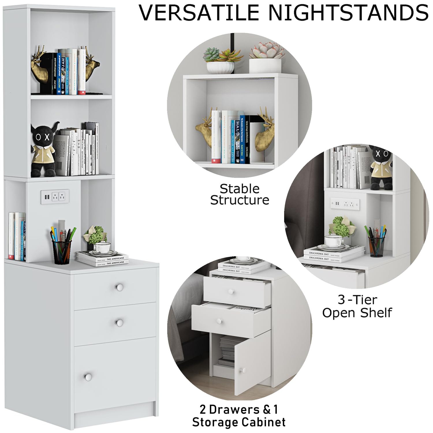 CATMANOR White Nightstand with Charging Station, Bed Side Table/Night Stand with Drawers, Bedside Table with Open Shelf Storage, Tall End Table for Bedroom Living Room 7R3