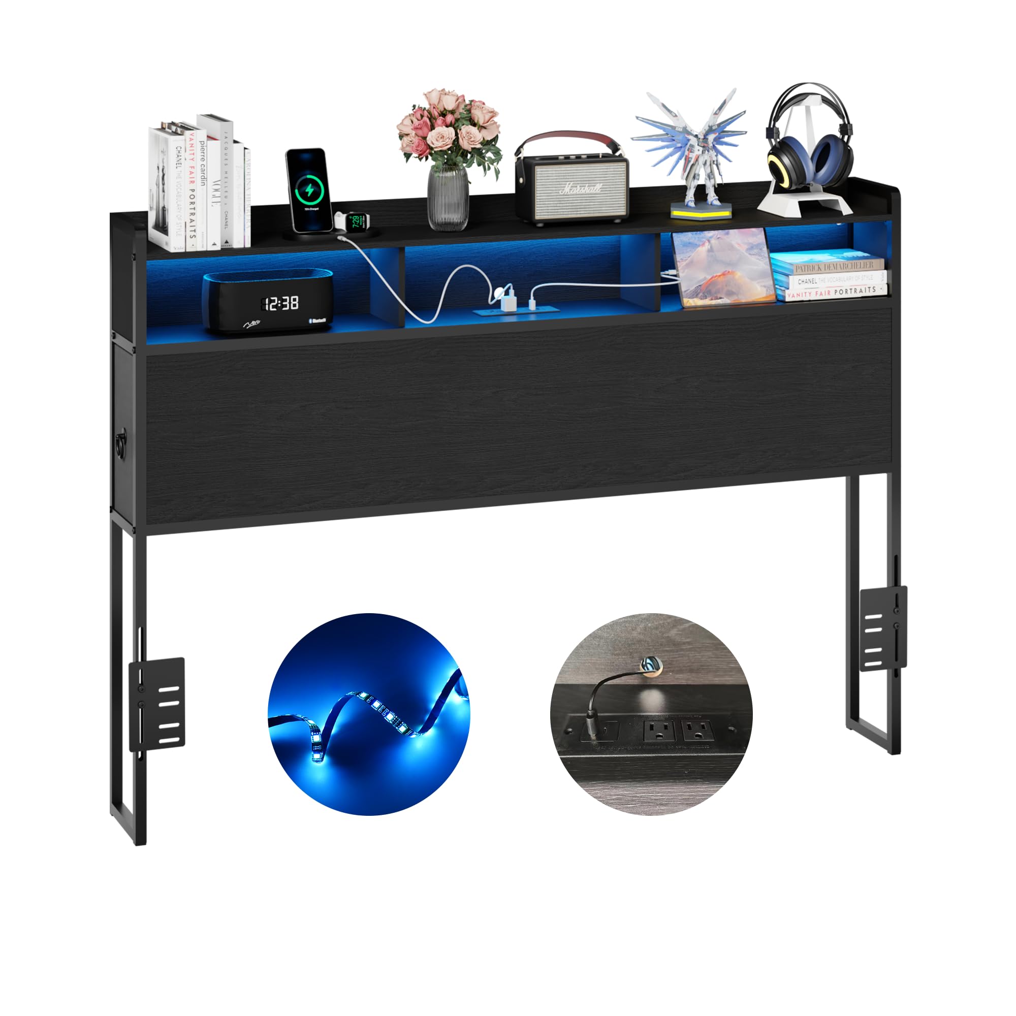 Decoholic King Size Headboard Only with Storage, Upholstered Headboard with Charging Station and LED Light, Sturdy and Stable, Easy to Assemble (Black+Barn Door, King)
