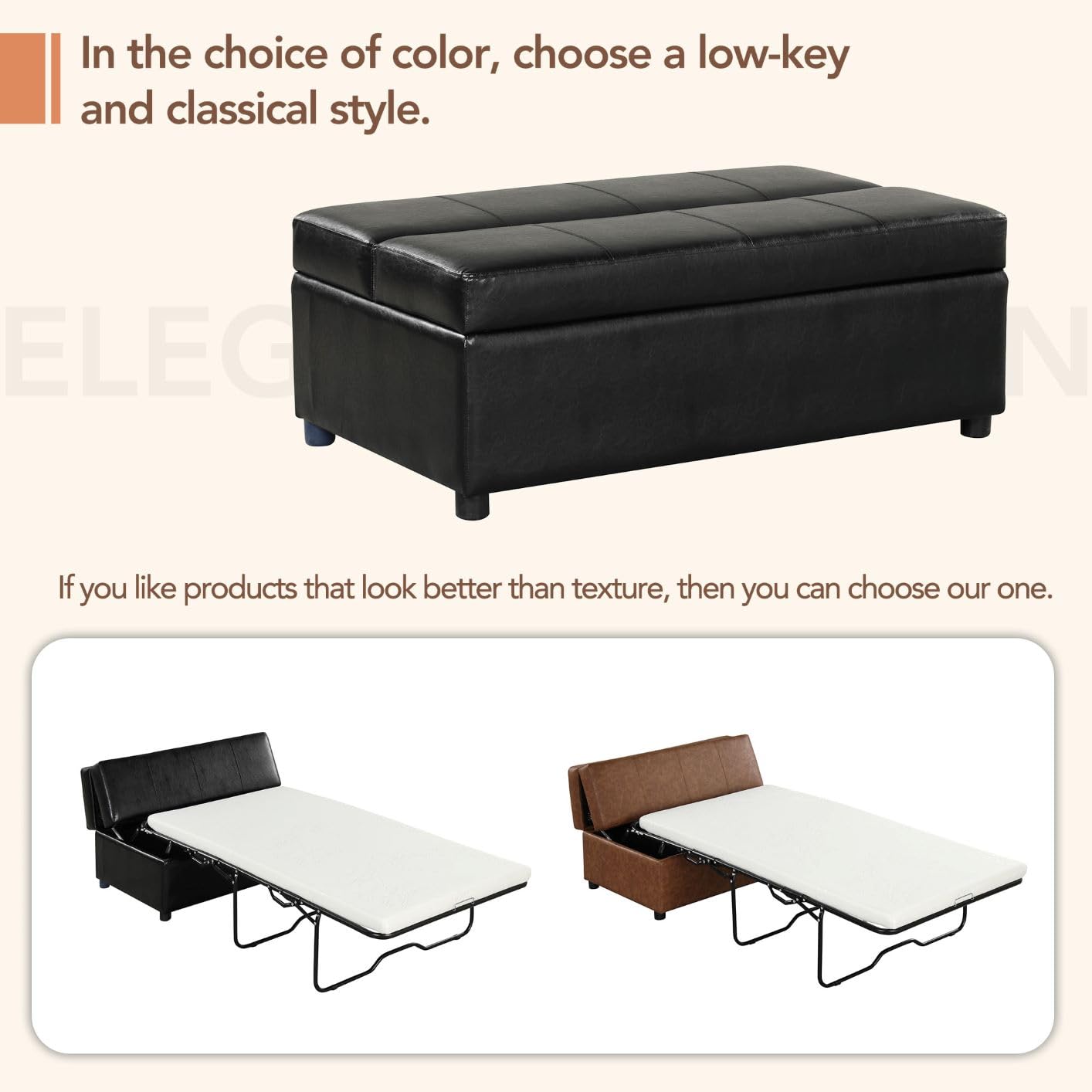 Elountik Ottoman Folding Bed,Fold Out Sleeper Bed with Mattress, Convertible Guest Sofa Bed, Twin Size Couch Sleeper for Living Room Bedroom Office (Black, PU)