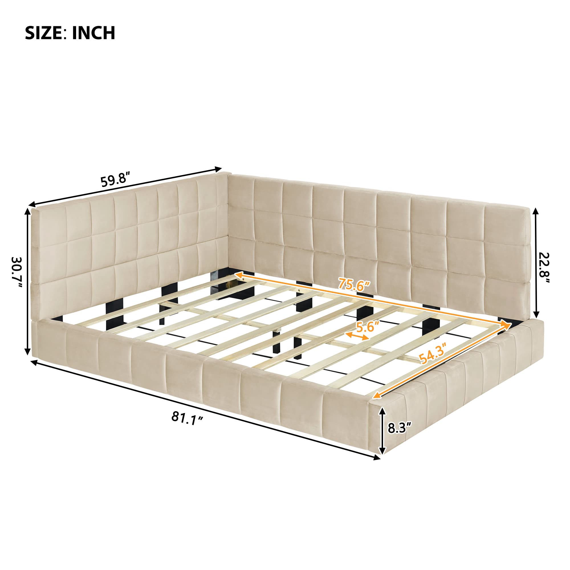 Full Size Upholstered Daybed, Mid Century Day Bed Frame with A Backrest and Armrest, Velvet Corner Beds for Living Room, Bedroom, Beige