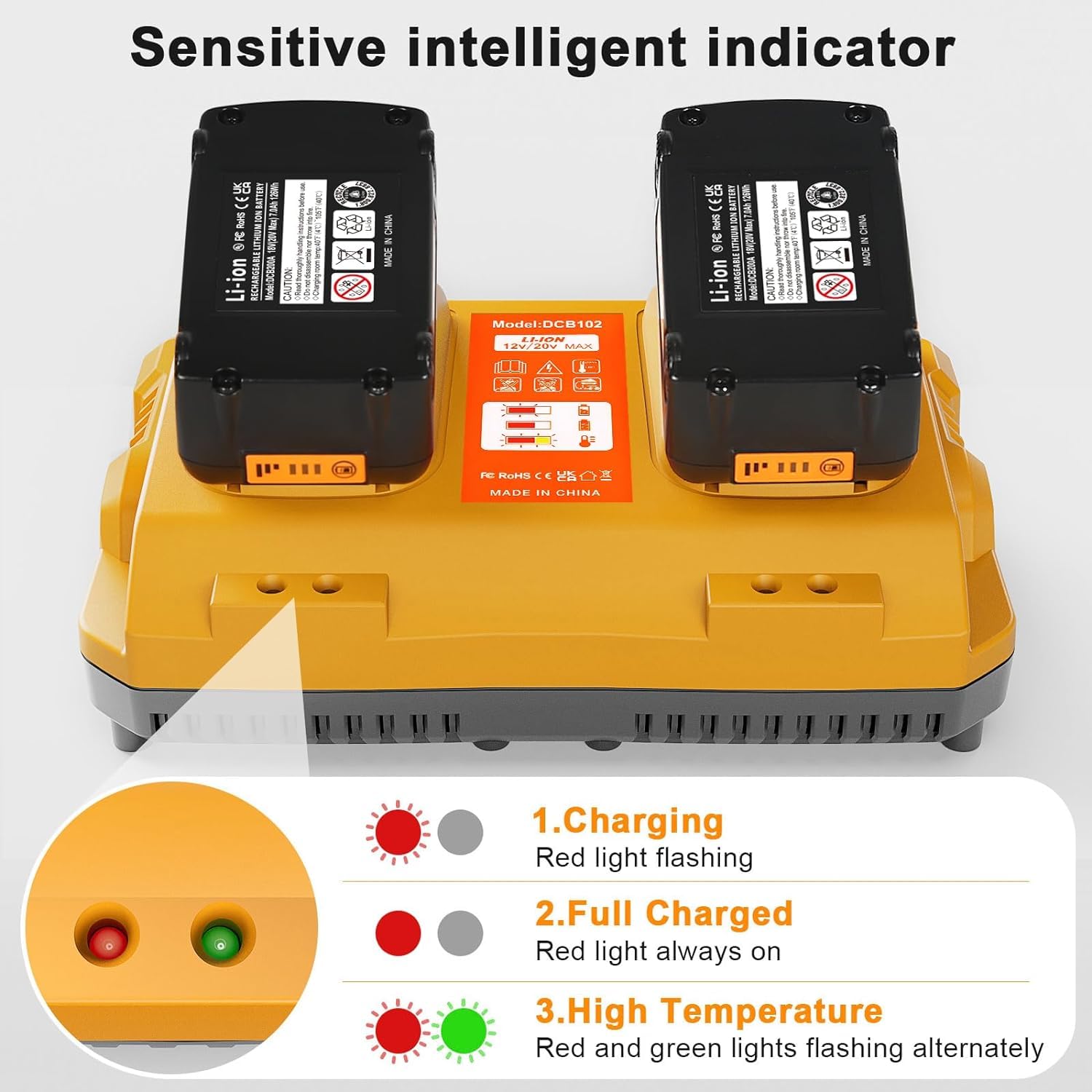 DCB102 Battery Charger Station for Dewalt Battery,Simultaneous Charging for 12V and 20V Max Battery, Compatible with DCB124 DCB126 DCB200 DCB205 Yellow