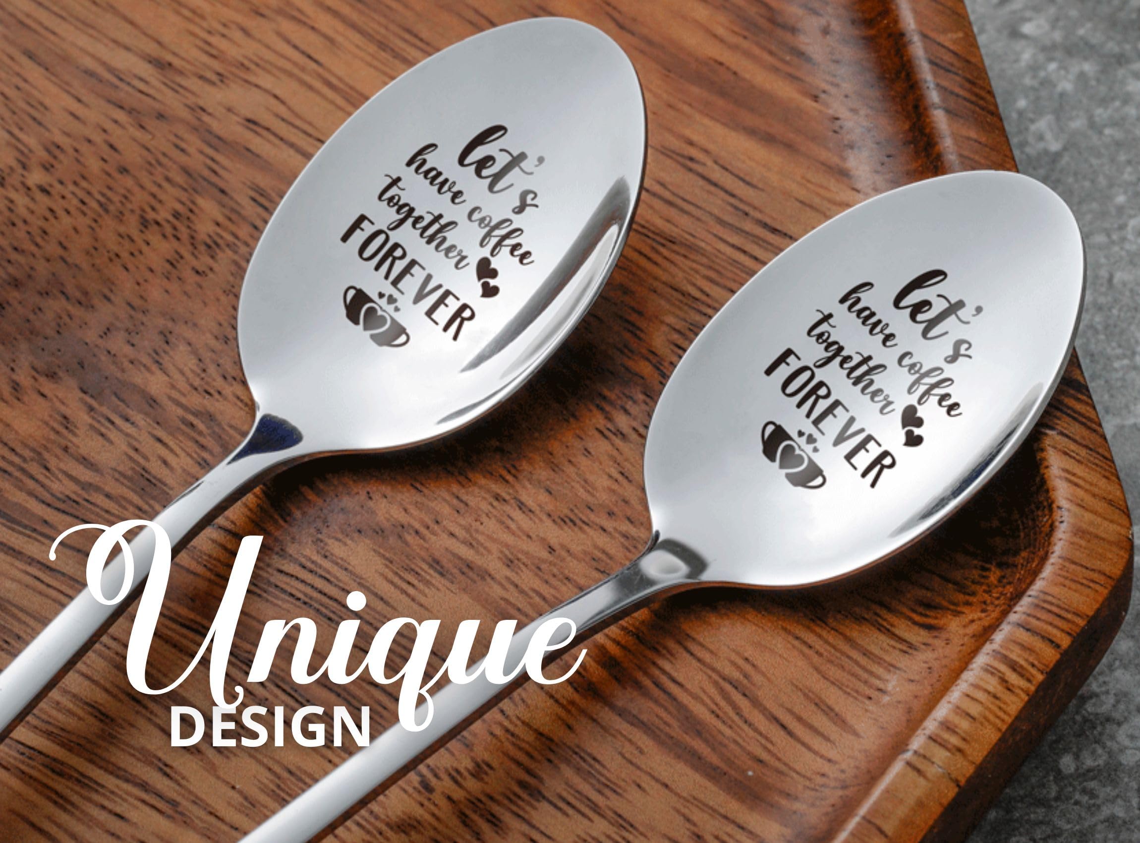 Coffee Spoons for Couples, 2 Pcs Stainless Steel Engraved Coffee Spoons, Coffee Lovers Gifts, Gift Ready Package, Let's Have Coffee Together Forever