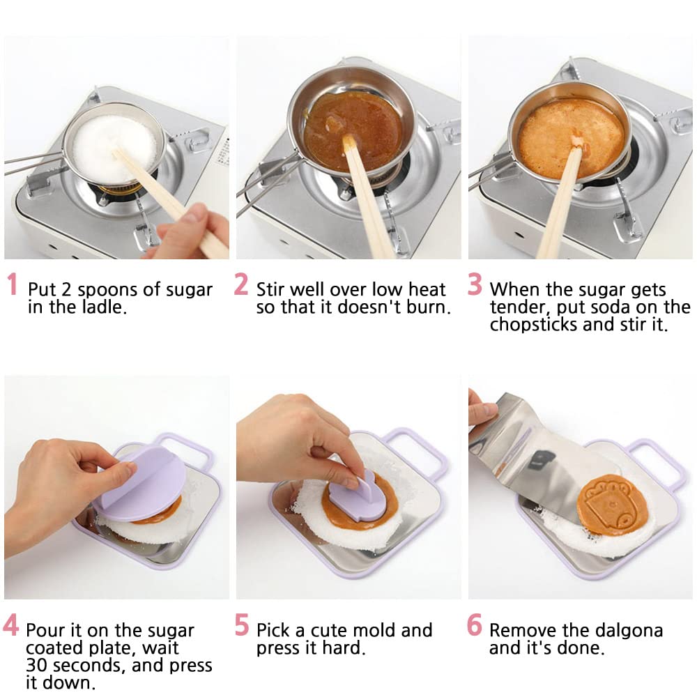 BT21 Squid Biscuits Sugar Pie Game Korean Sugar Candy Making Tools Set DALGONA Kit (7pcs in 1set), Ladle, Shape frame, Press Stainless Steel, bottom plate, Circle case