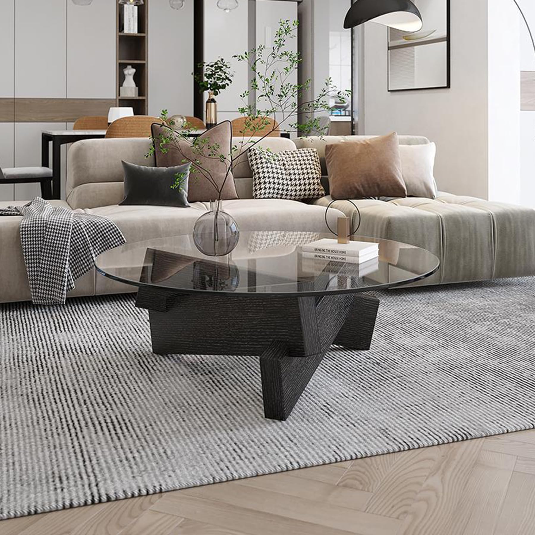 Coffee Table, Round Coffee Table for Living Room Modern Glass Coffee Table with Solid Wood Legs Farmhouse Mid Century Center Table Large Circle Cocktail Table (Black + Brown, 31.5in)