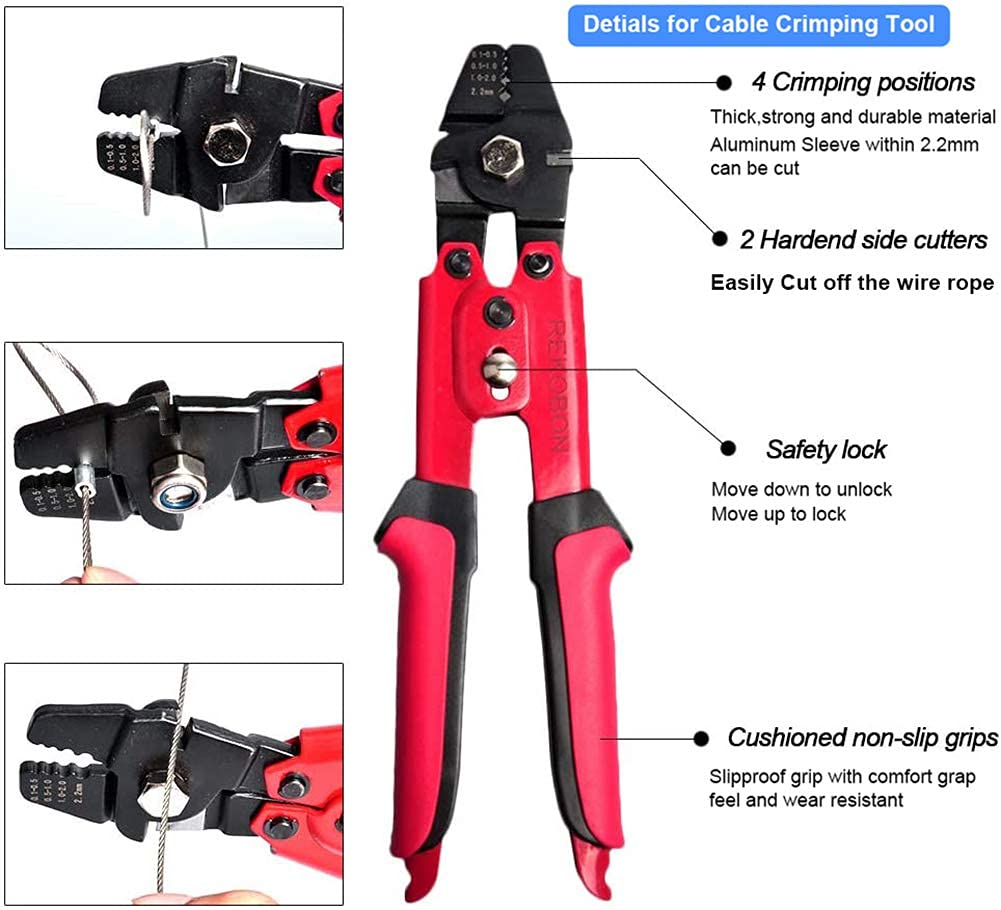 Crimping Tool, Wire Rope Crimping Tool, Up To 2.2mm Swager Crimper Fishing Wire Crimping Tool with 100 PCS Aluminum Double Barrel Ferrule Crimping Loop Sleeves Kit with Cutting Function for Cable